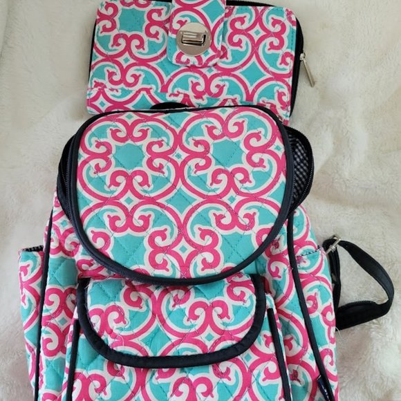 NGil | Bags | Cute Turquoise And Pink Quilted Fabric Backpack Bag With ...